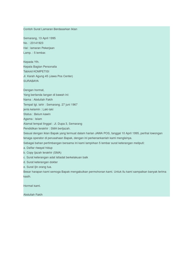 Contoh Surat Lamaran Berdasarkan Iklan | PDF