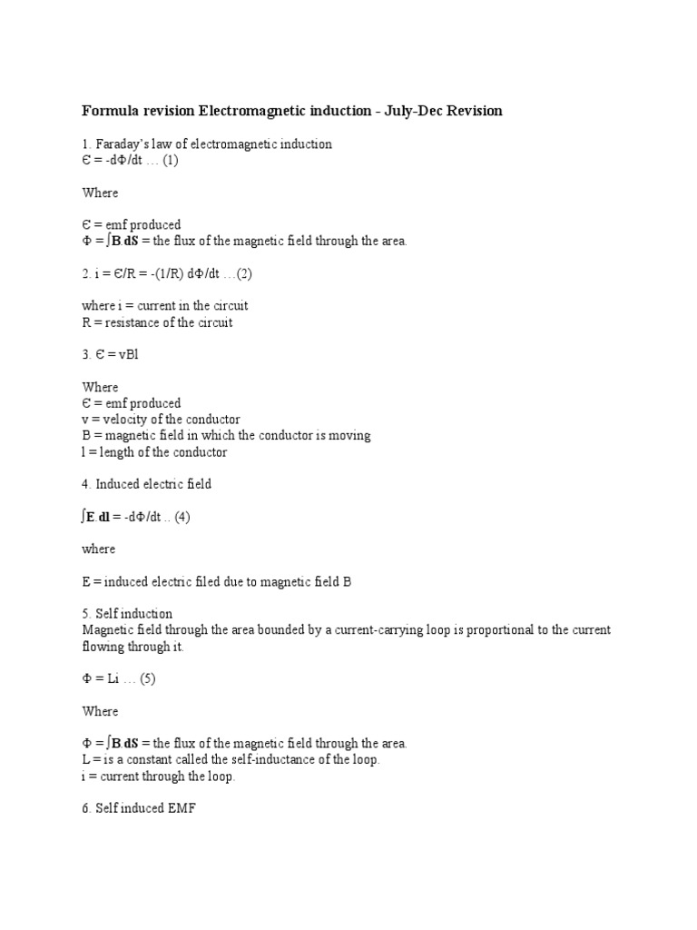 Electromagnetic Induction Formulas | PDF