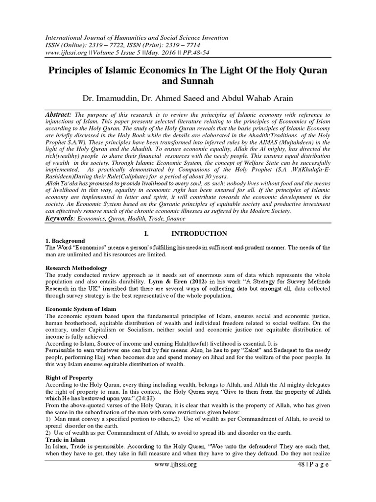Principles of Islamic Economics in The Light of The Holy Quran and ...