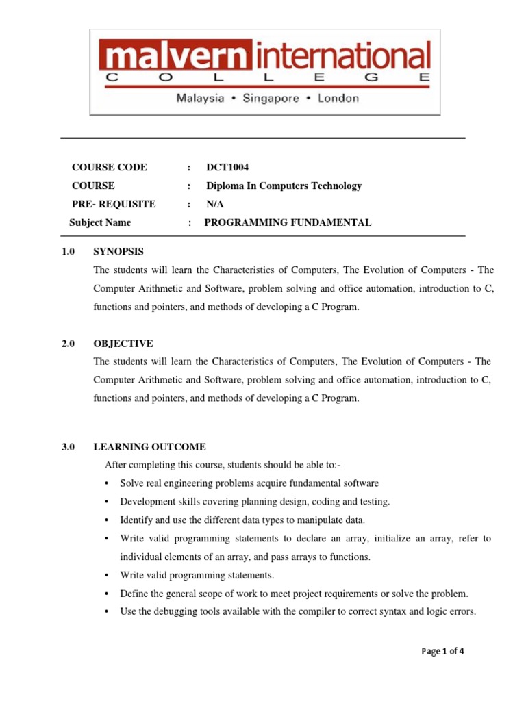 Programming Fundamental Teaching Plan | PDF | C (Programming Language ...
