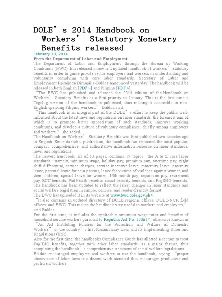 DOLE's 2014 Handbook On Workers' Statutory Monetary Benefits Released ...