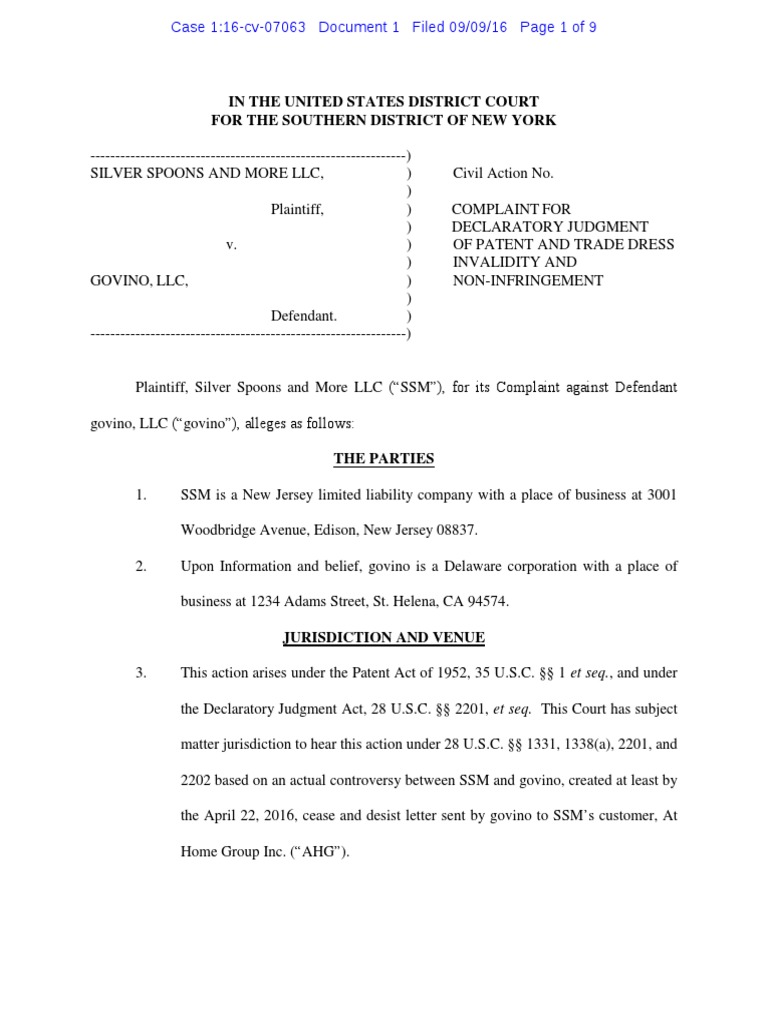 Silver Spoons v. Govino - Complaint | PDF | Declaratory Judgment | Patent Infringement
