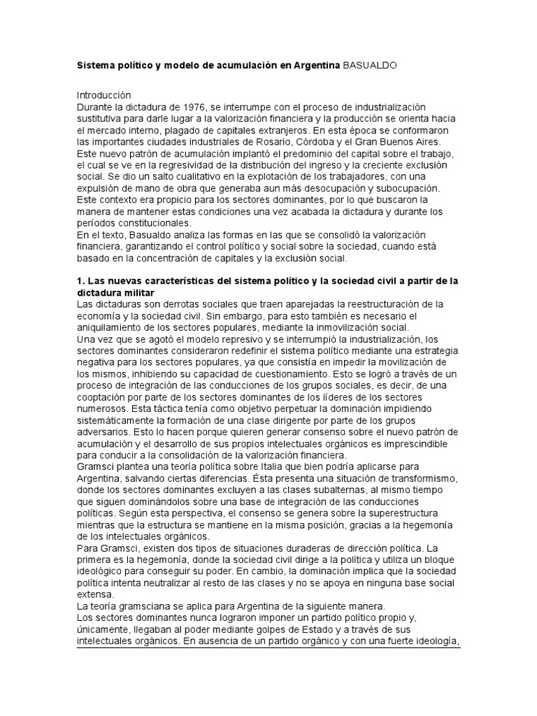 Sistema Político Y Modelo De Acumulación En Argentina Basualdo
