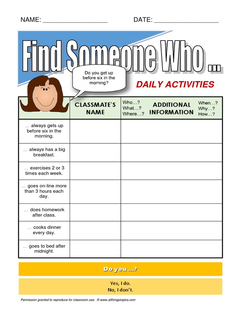 Find Someone Who... Daily Activities | PDF | Language Arts & Discipline ...