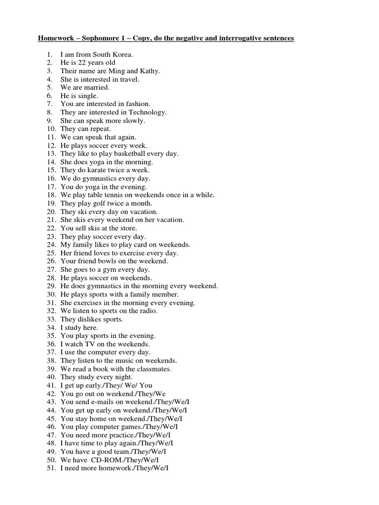 Homework - Sophomore 1 - Copy, Do The Negative and Interrogative ...