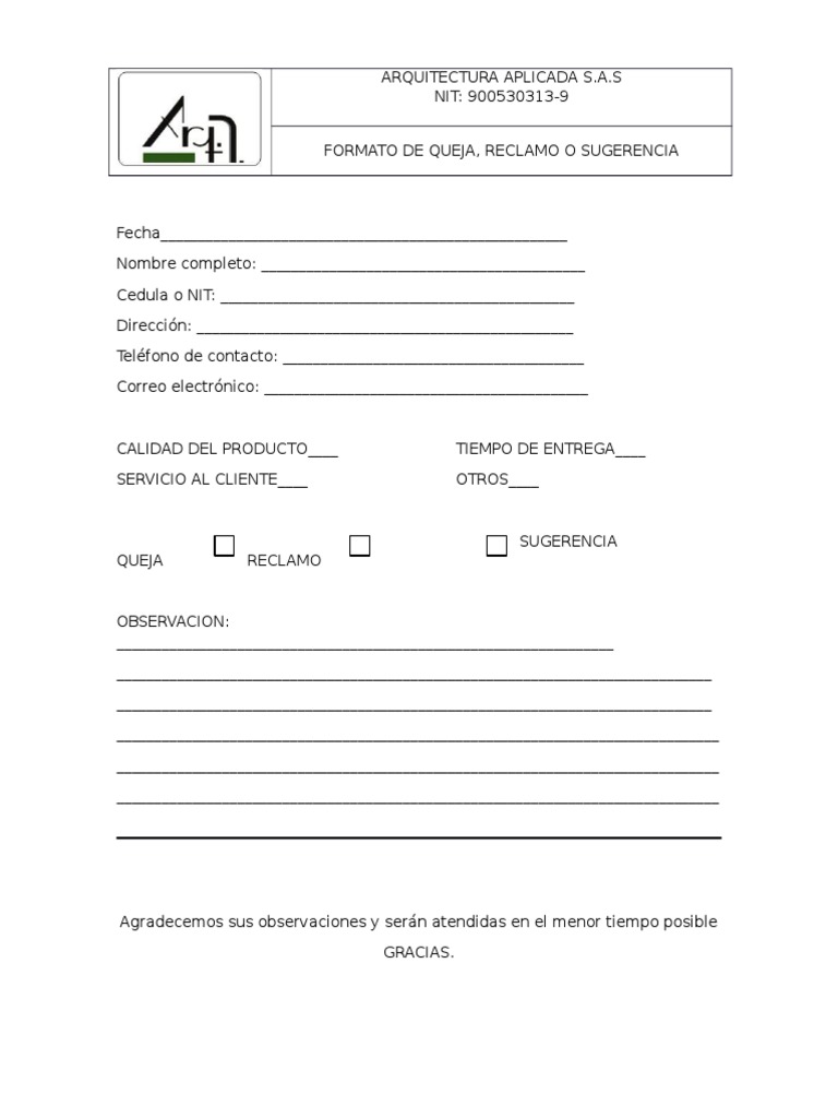 Modelo De Formulario De Queja Formal