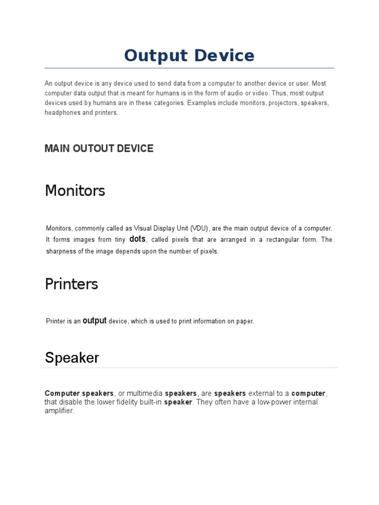 Understanding Output Devices: Monitors, Printers, Speakers | PDF