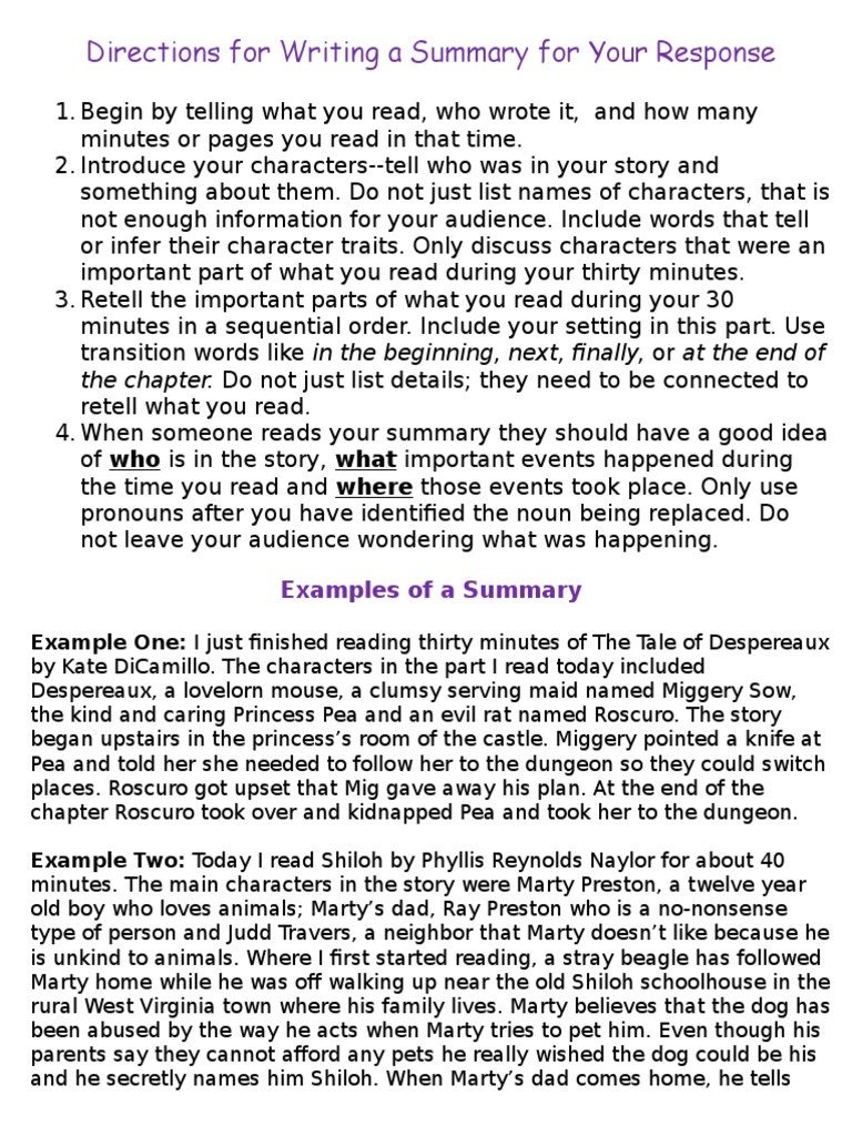 Directions For Writing A Summary For Your Response | PDF