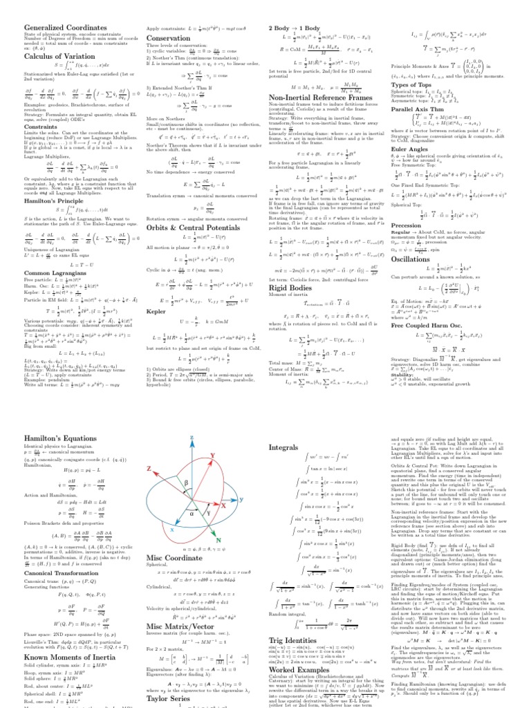 PHYS363 Formula Sheet | PDF | Lagrangian Mechanics | Hamiltonian Mechanics