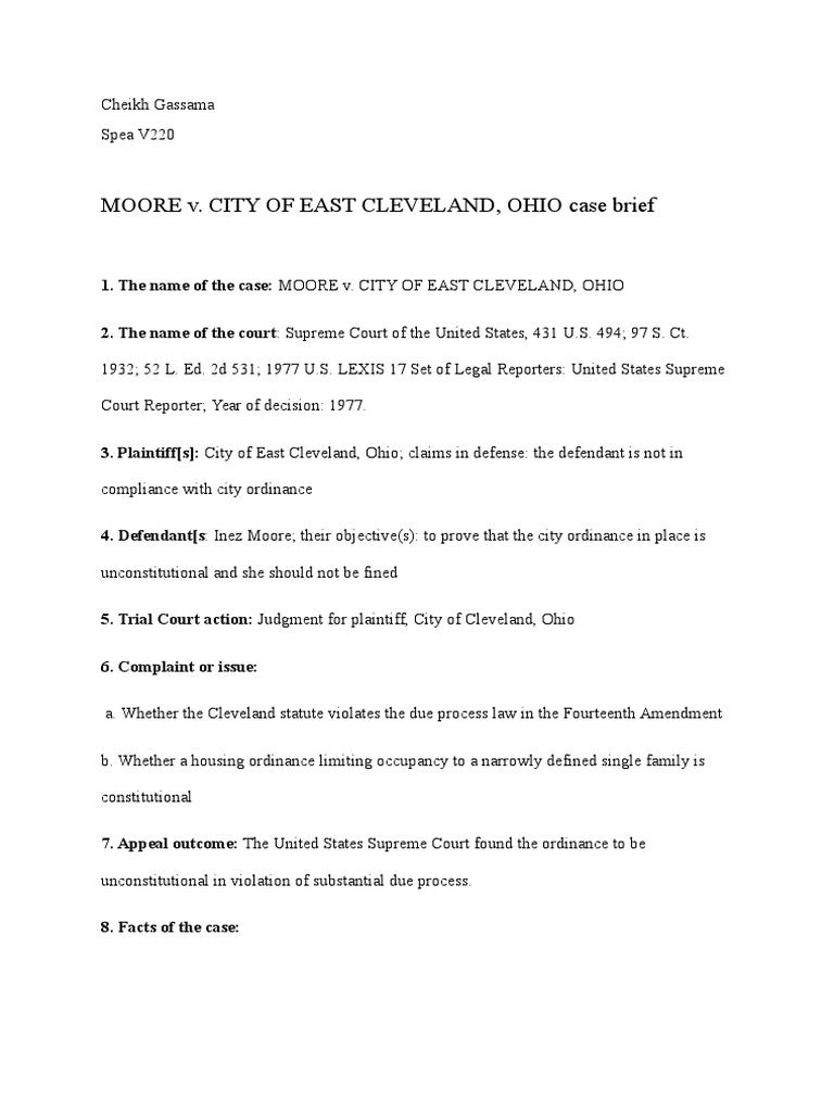 Moore v. East Cleveland Case Summary | PDF | Law