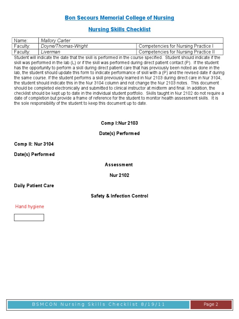 Nursing Skills Checklist | PDF