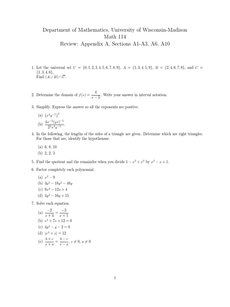 Department of Mathematics, University of Wisconsin-Madison Math 114 ...