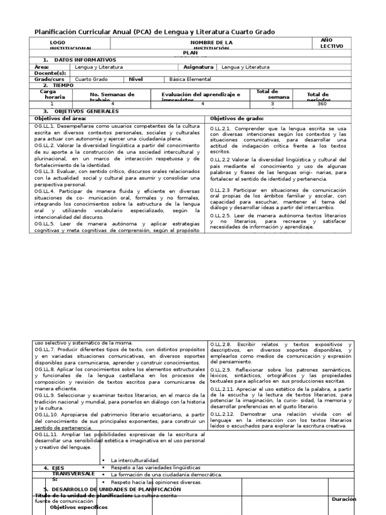 Pca Lengua Cuarto | PDF