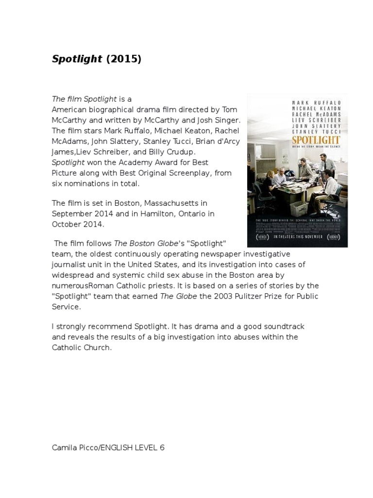 Spotlight (2015) : The Film Spotlight Is A | PDF