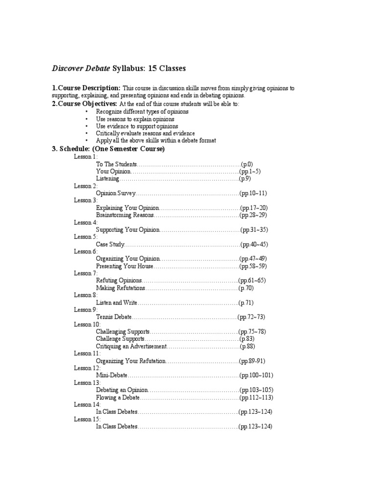 Discover Debate Syllabus: 15 Classes: 1.course Description: 2.course ...