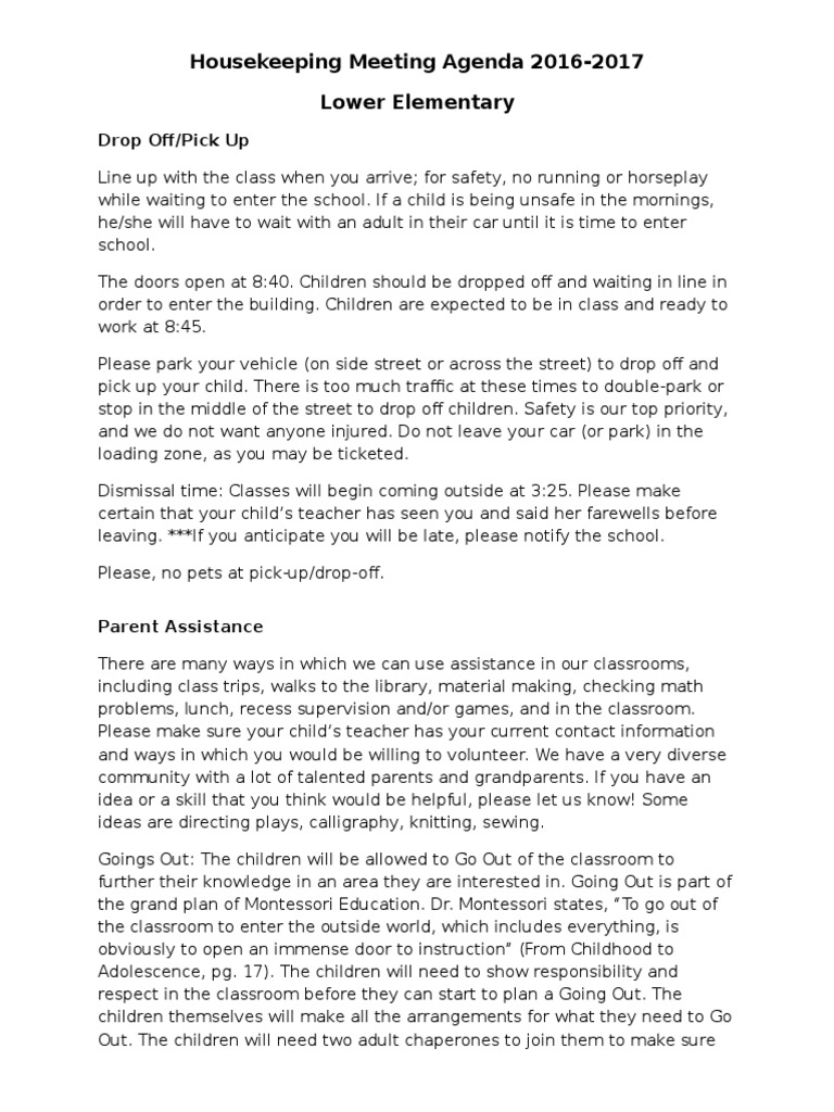 Housekeeping Meeting Agenda 2016-17 | PDF | Classroom | Food And Drink