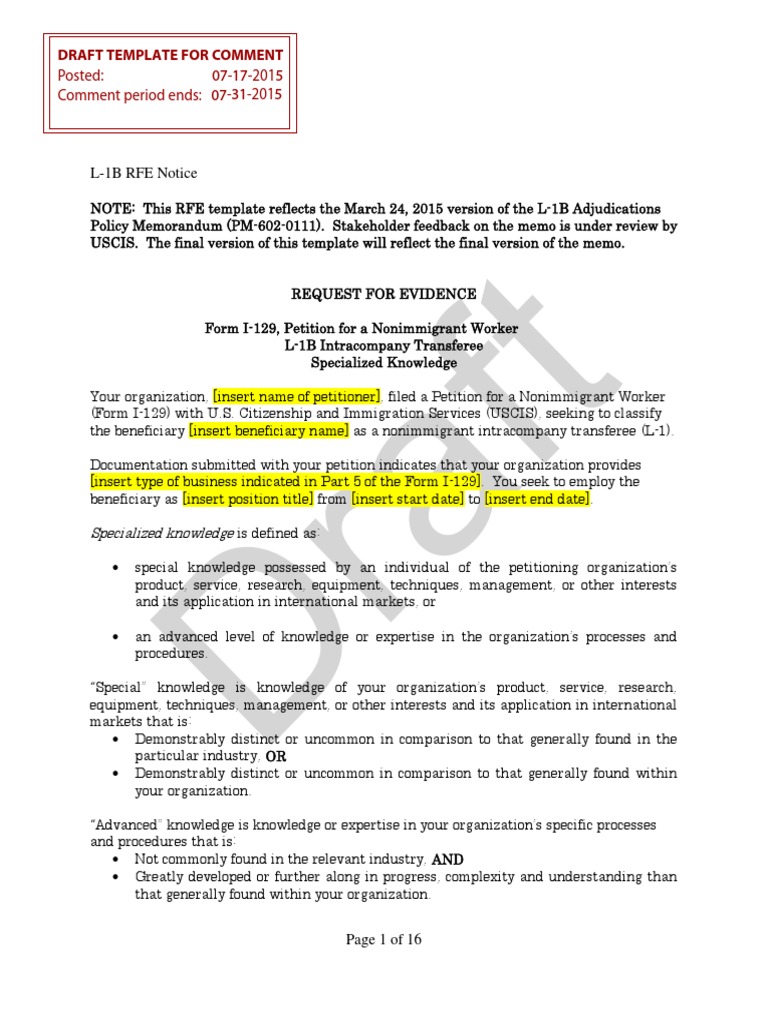 L-1B RFE Response Template Guide | PDF | Board Of Directors | Employment