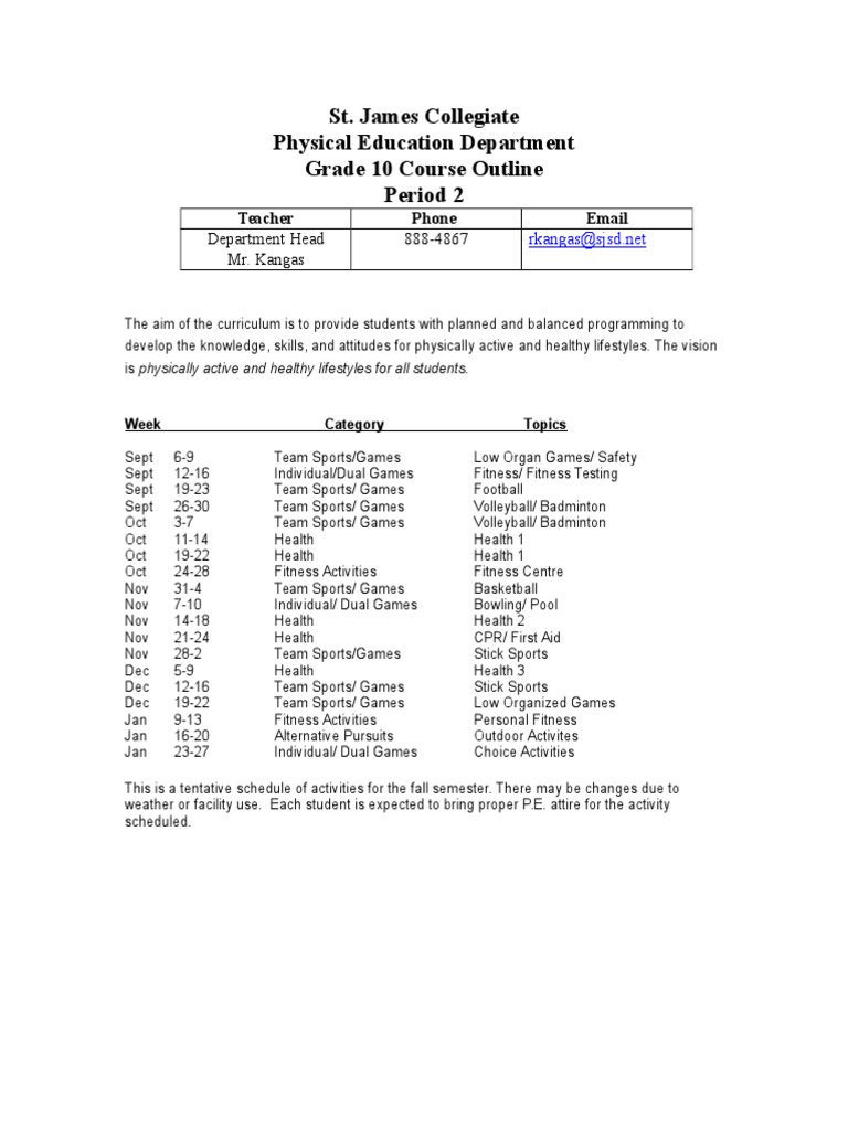 St. James Collegiate Physical Education Department Grade 10 Course ...