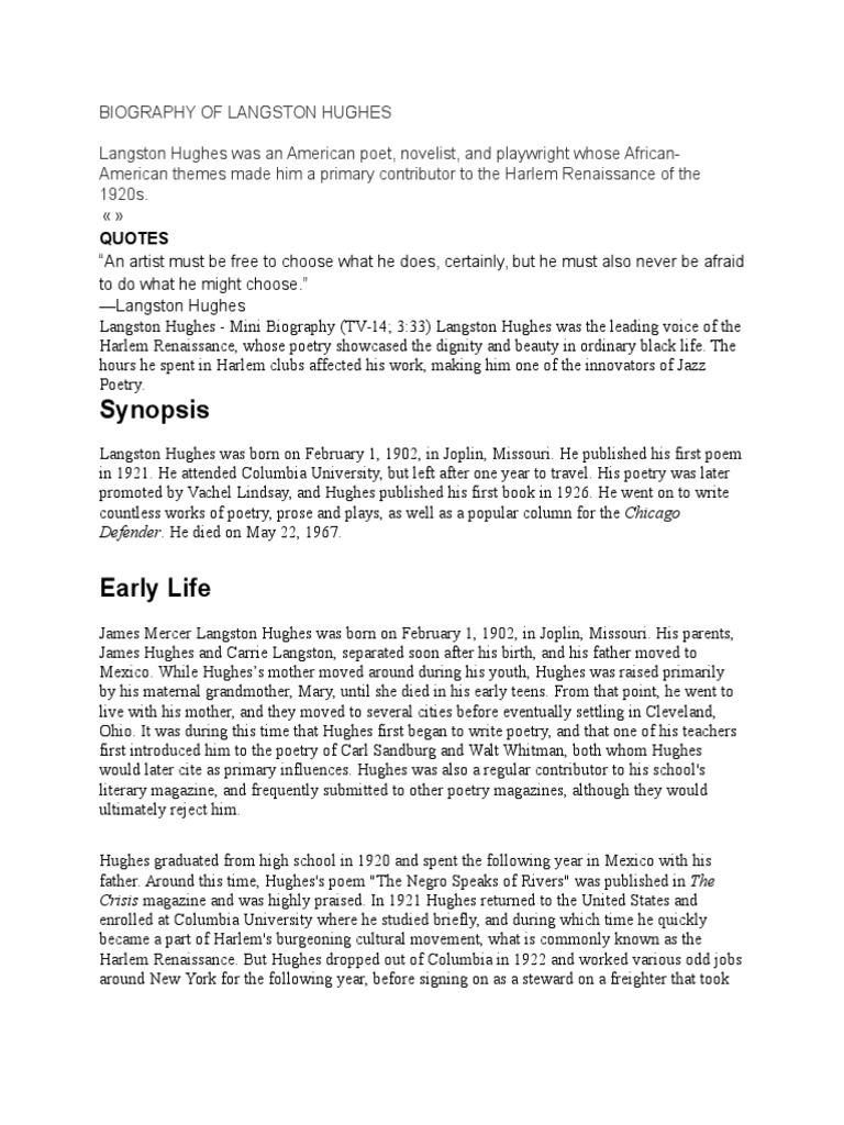 Biography of Langston Hughes | PDF | Poetry
