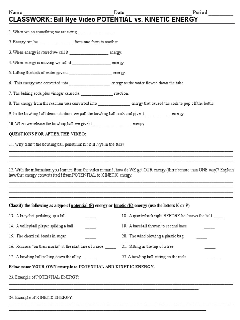 Bill Nye: Potential vs. Kinetic Energy Worksheet | PDF | Ball Games ...