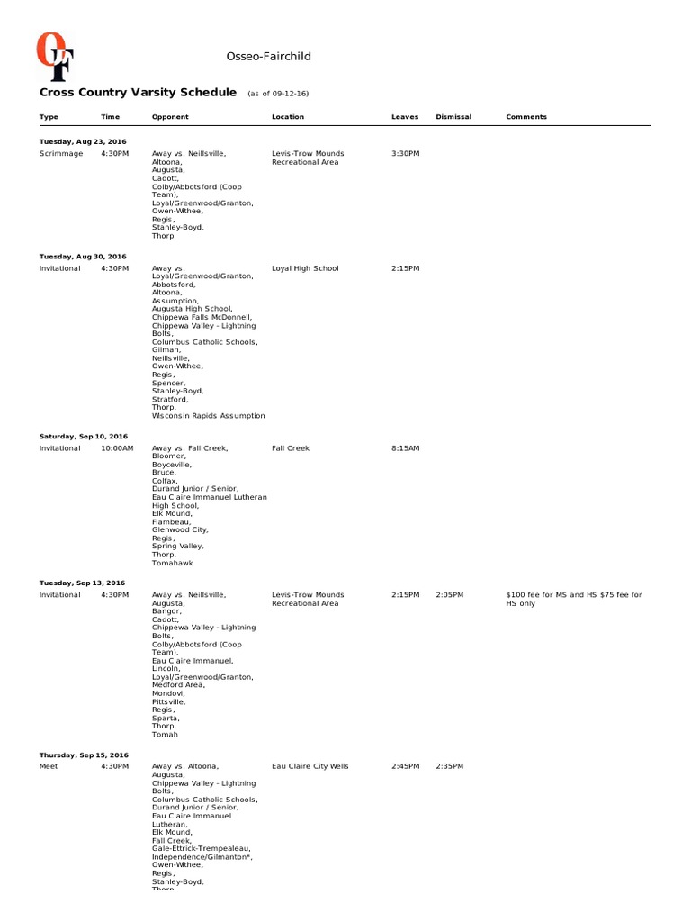 Osseo-Fairchild Cross Country Schedule | PDF | Sports | Schools