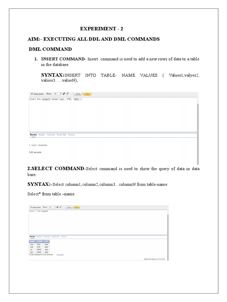 Experiment - 2 Aim:-Executing All DDL and DML Commands DML Command | PDF