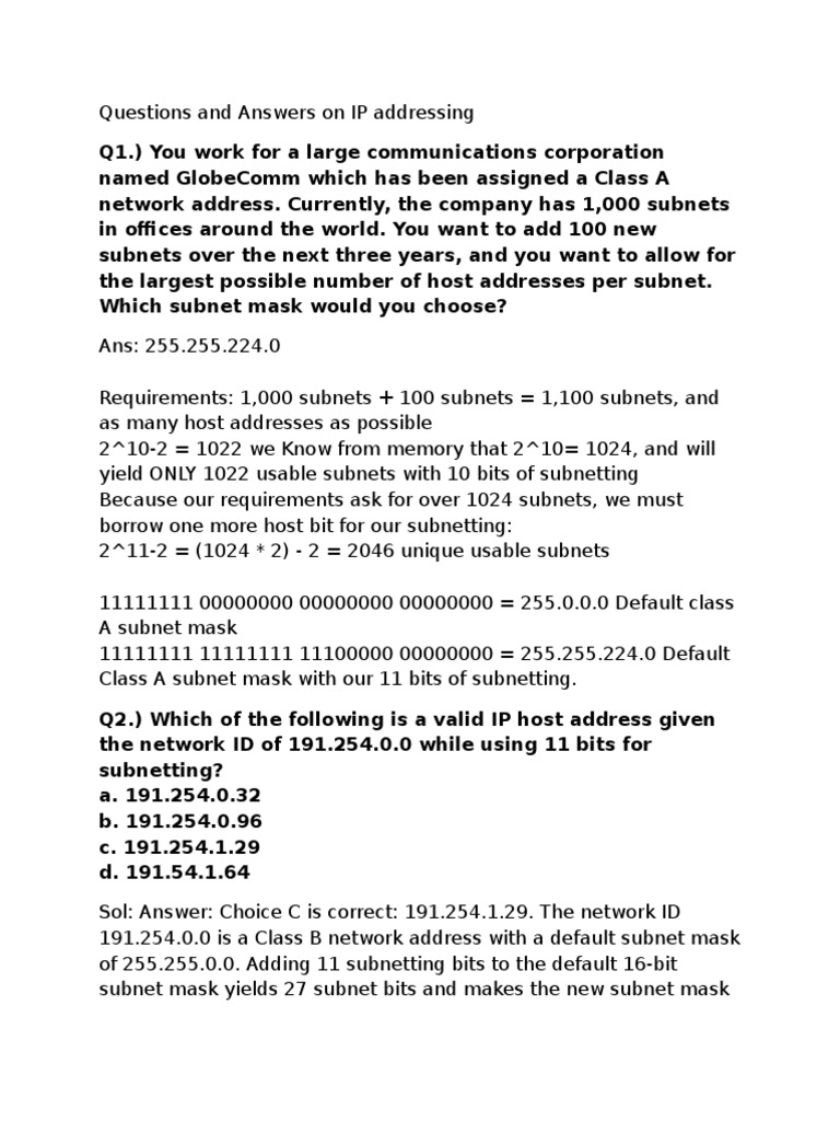 Questions and Answers On IP Addressing | PDF | Ip Address | Communications Protocols