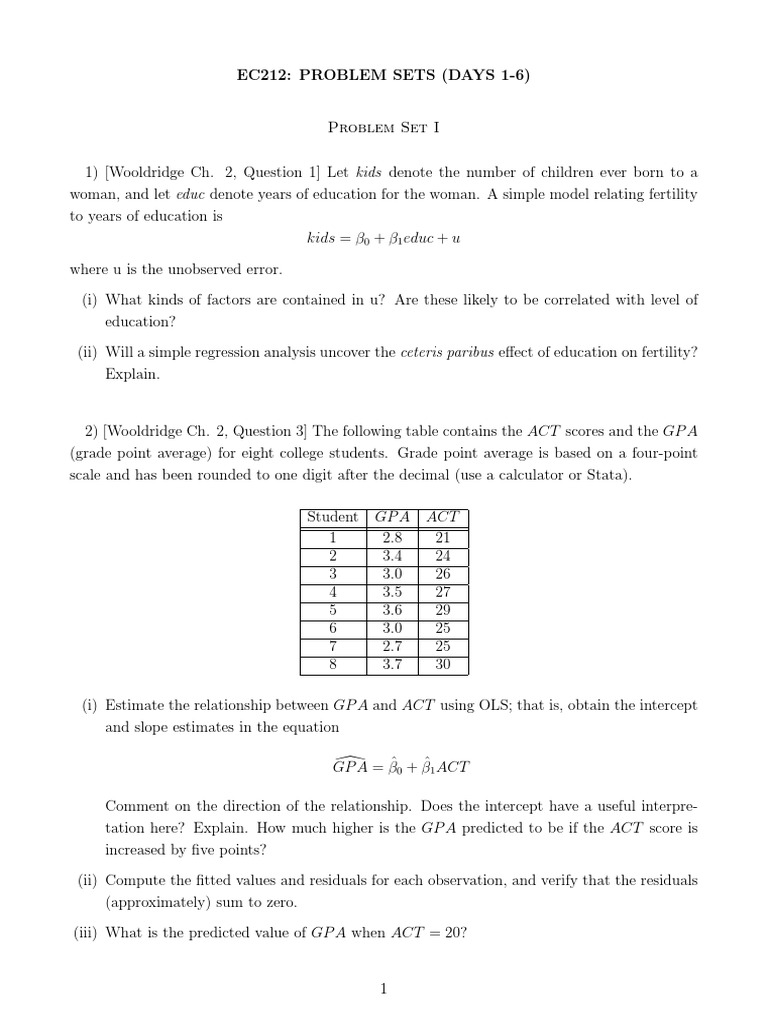 Problem Sets (Days 1-6) | PDF | Ordinary Least Squares | Errors And Residuals