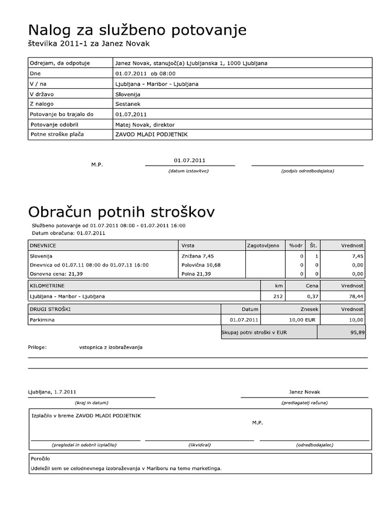Potni Nalog - Primer PDF | PDF