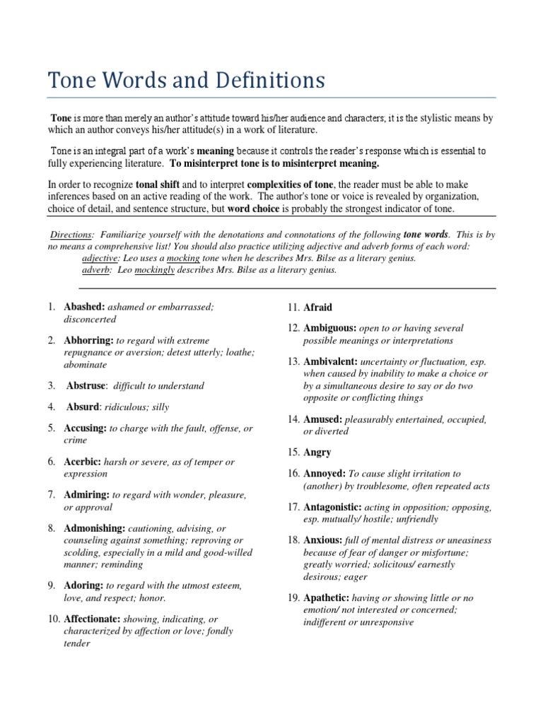 Huge List of Tone Words With Definitions | PDF | Anger | Self Esteem
