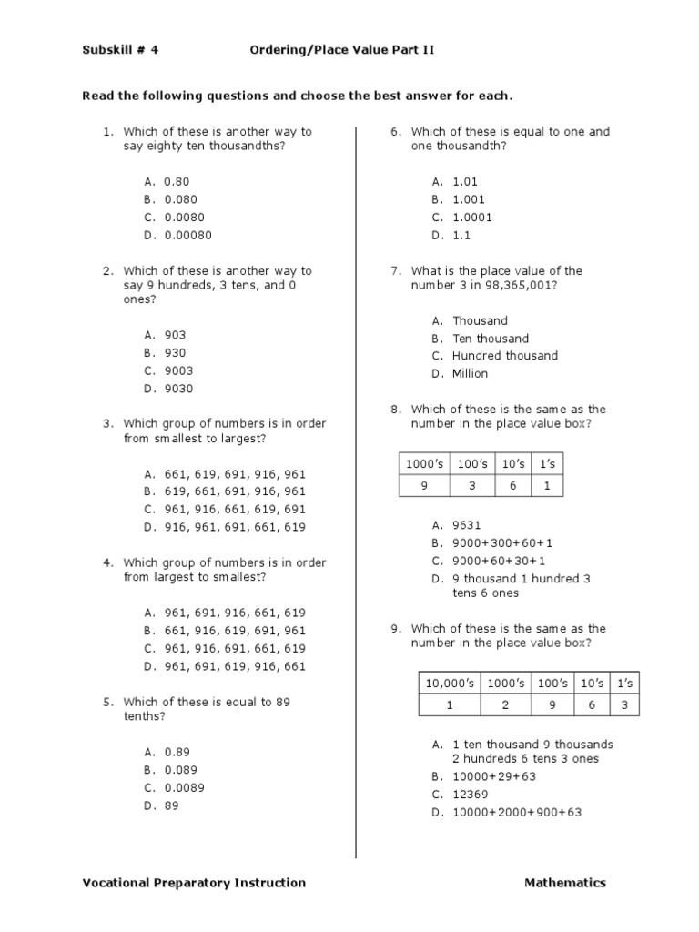 Ordering Place Value Fldoe | PDF
