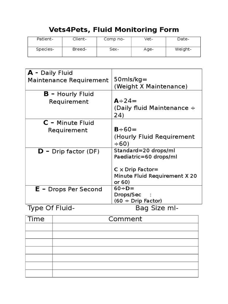 Vets4Pets, Fluid Monitoring Form | PDF | Cooking, Food & Wine | Wellness