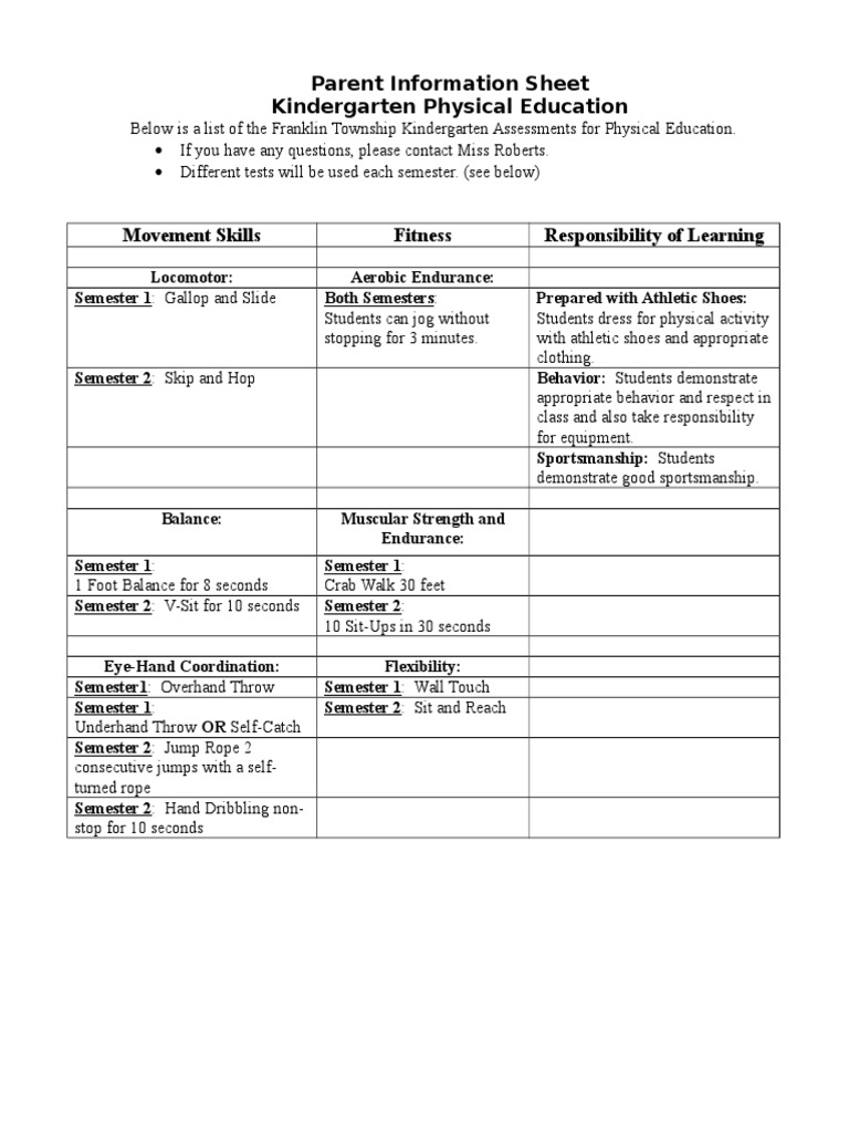 Parent Info Sheet For Kindergarten 2016 | PDF | Physical Education ...