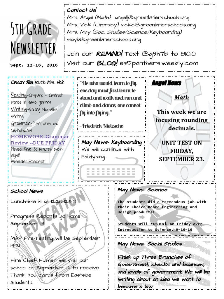 5th Grade Newsletter | PDF