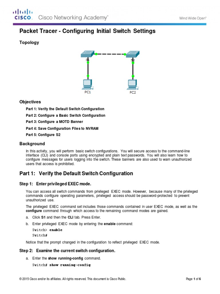 2.2.3.4 Packet Tracer - Configuring Initial Switch Settings PDF | Download Free PDF | Command ...