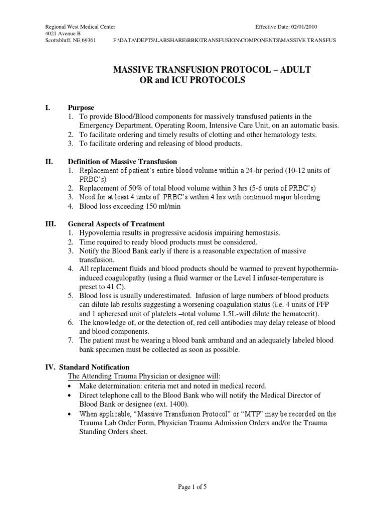 Massive Transfusion Protocol | PDF | Blood Transfusion | Bleeding