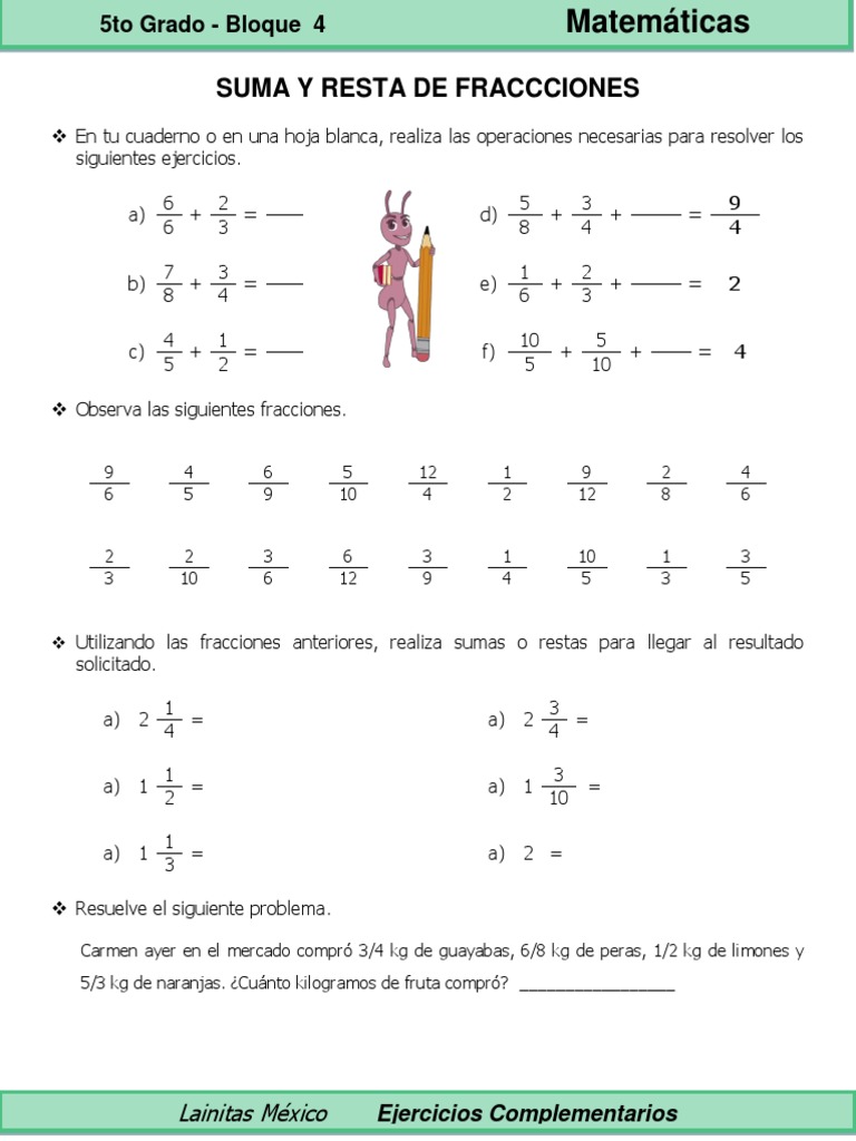 5to Grado - Matemáticas - Suma y Resta de Fracciones
