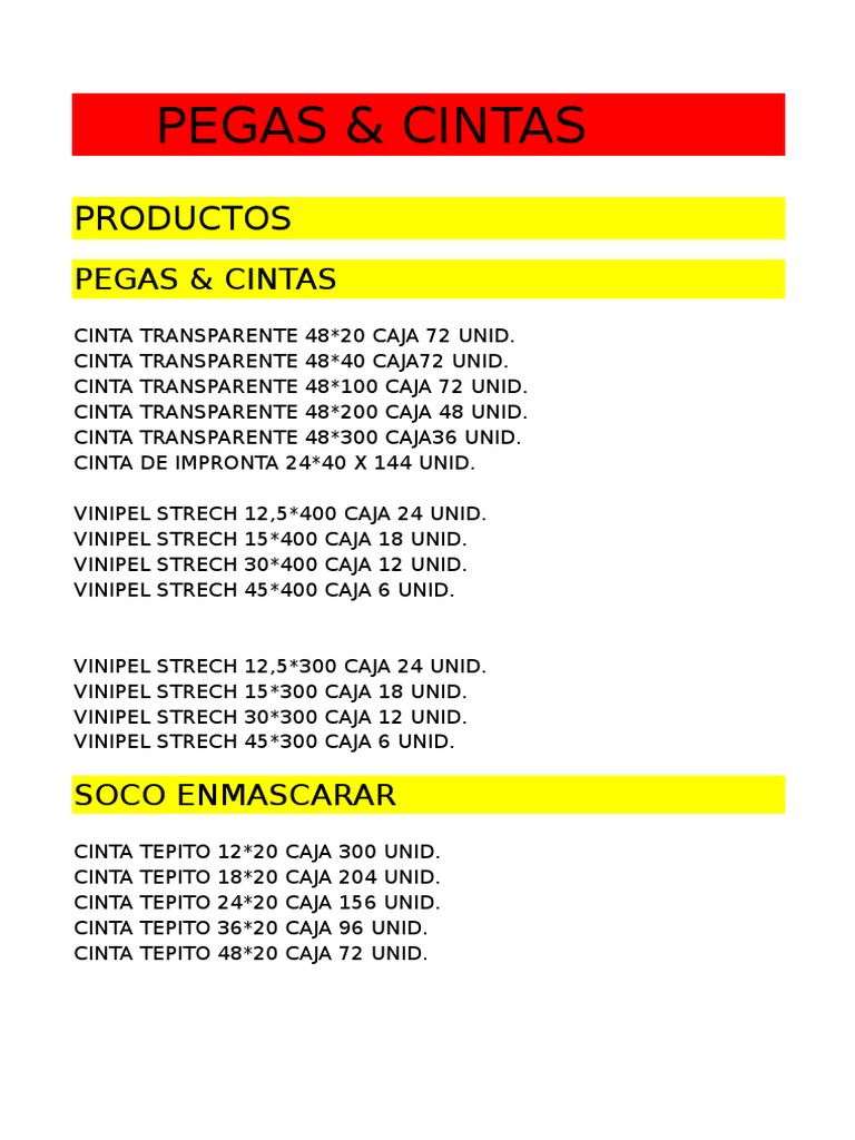 Pegas y Cintas: Catálogo de Productos | PDF