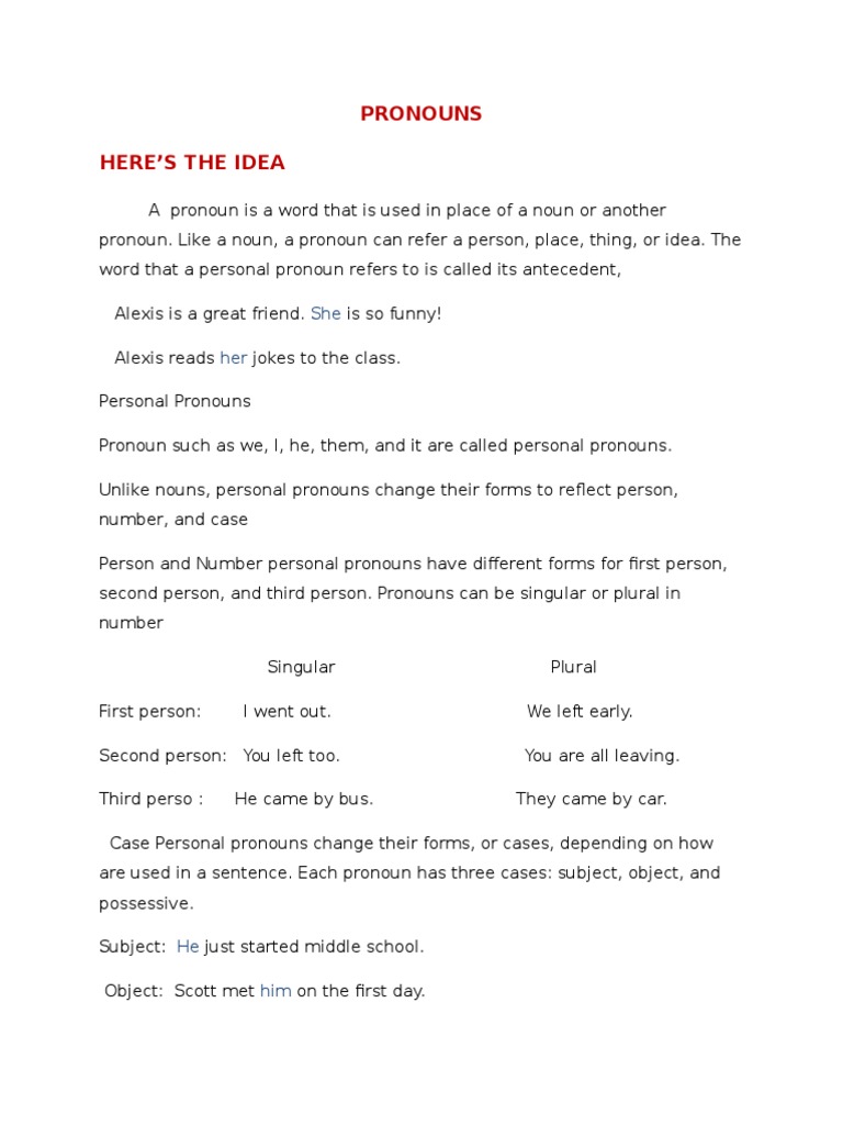 Pronouns Handout | PDF | Grammatical Number | Pronoun