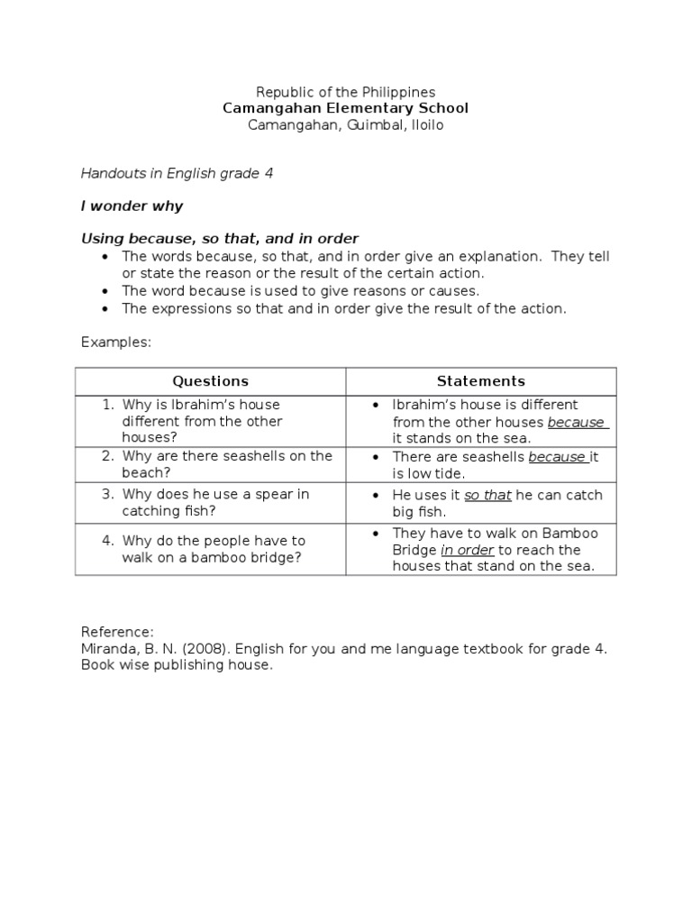 Handouts in English Grade 4: Camangahan Elementary School | PDF