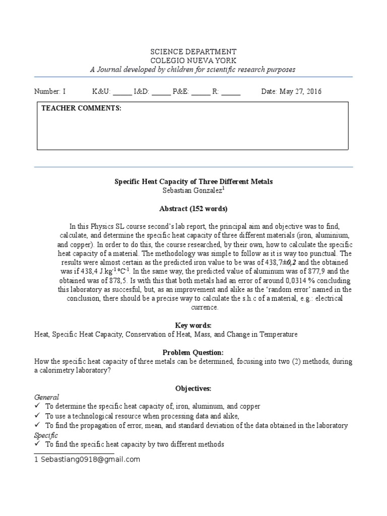 IB Physics SL Lab Report - Specific Heat Capacity | PDF | Heat ...