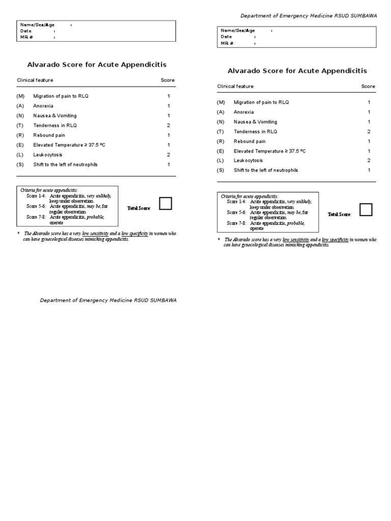 Alvarado Score For Acute Appendicitis Alvarado Score For Acute ...