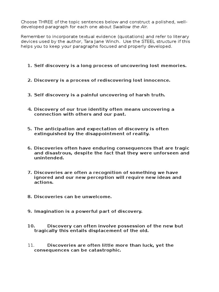 Swallow The Air Topic Sentences Worksheet | PDF