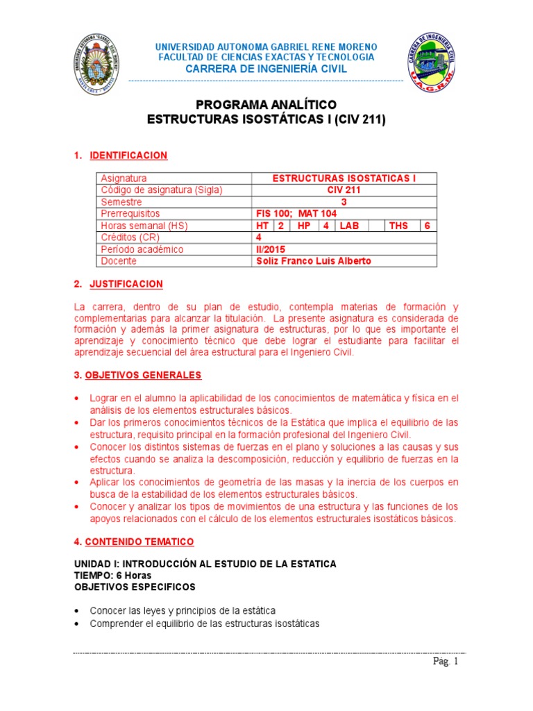 Programa Analitico Estructura Isostatica I | PDF | Prueba (evaluación ...