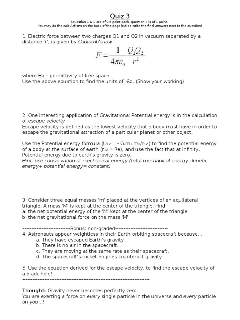 Quiz 3: Hint: Use Conservation of Mechanical Energy (Total Mechanical ...