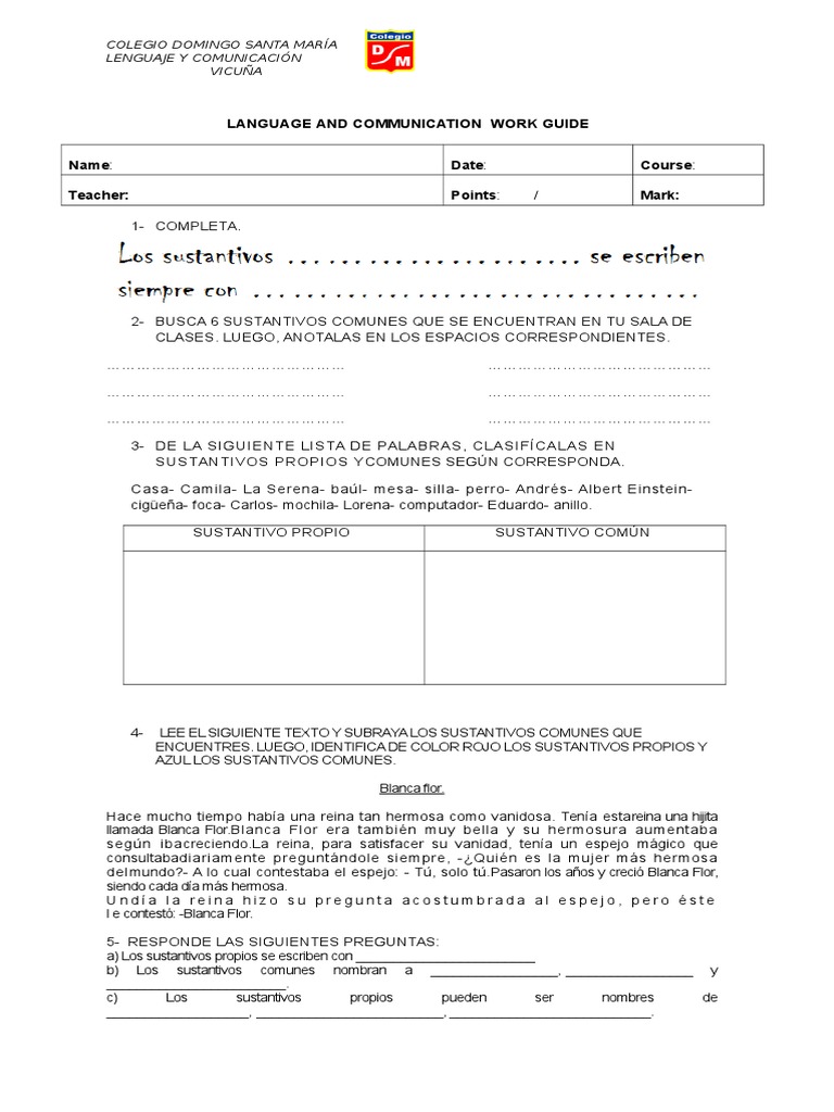 Guía de Trabajo: Sustantivos en Clase | PDF