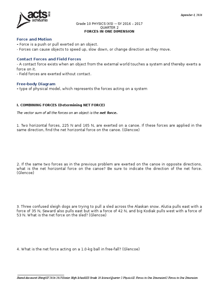 2 Forces in One Dimension Worksheet | PDF | Spacetime | Force