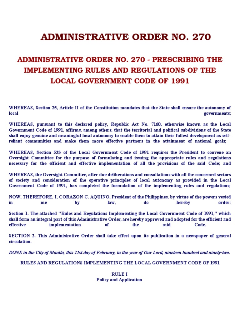 IRR RA 7160 Admin Order 270 | PDF | Local Government | Devolution