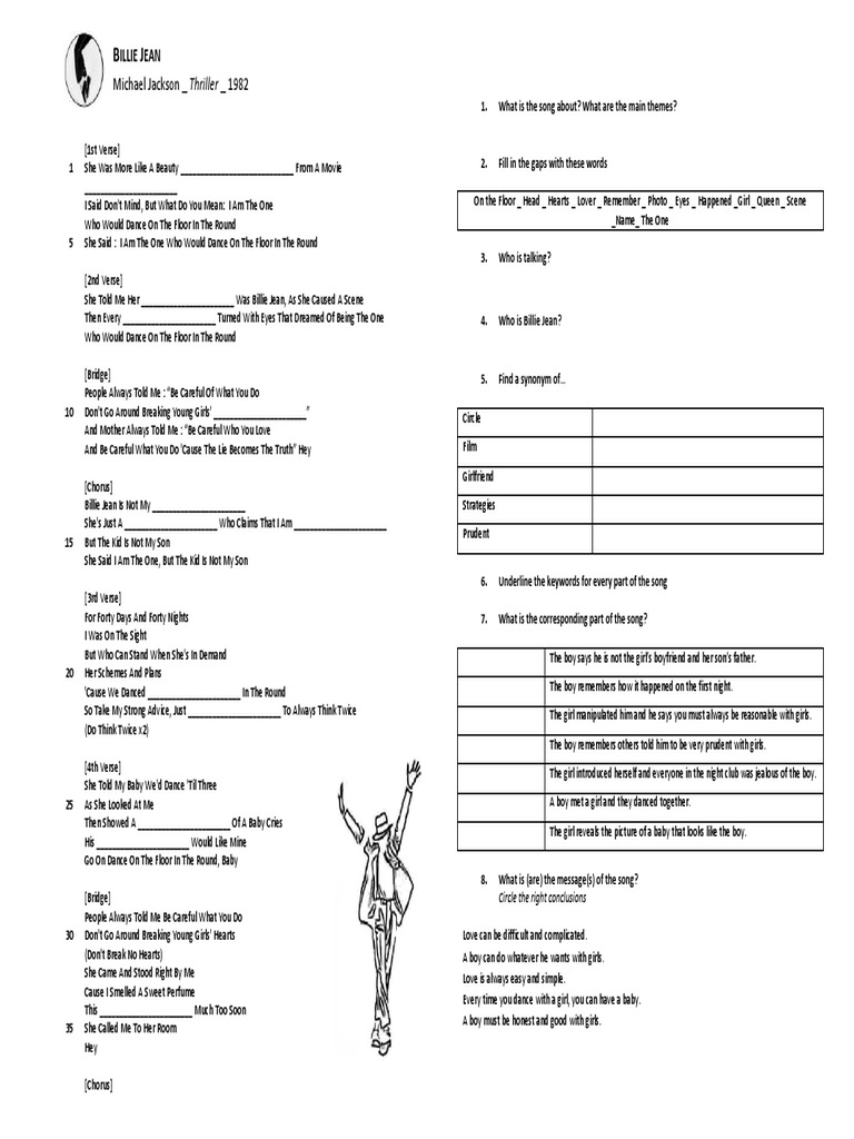 Billie Jean Worksheet PDF | PDF | Song Structure | Leisure