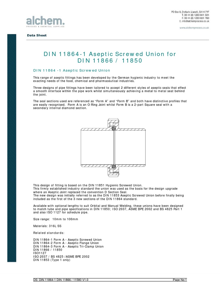 DIN 11864-1 Form A Aseptic Screwed Unions: Product Specifications and Dimensions for Hygienic ...